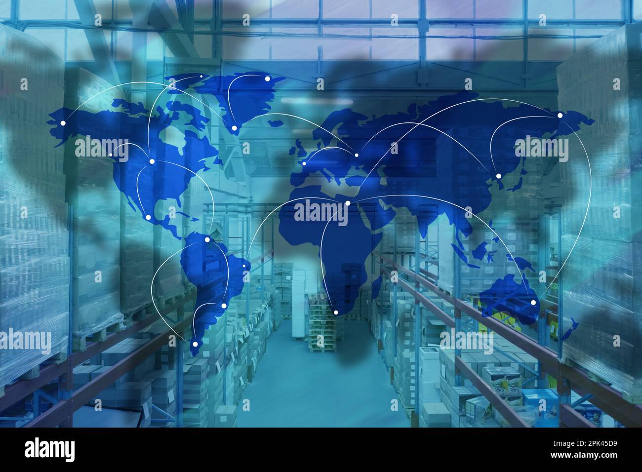 Worldwide logistics. Storage racks with different boxes in warehouse ...