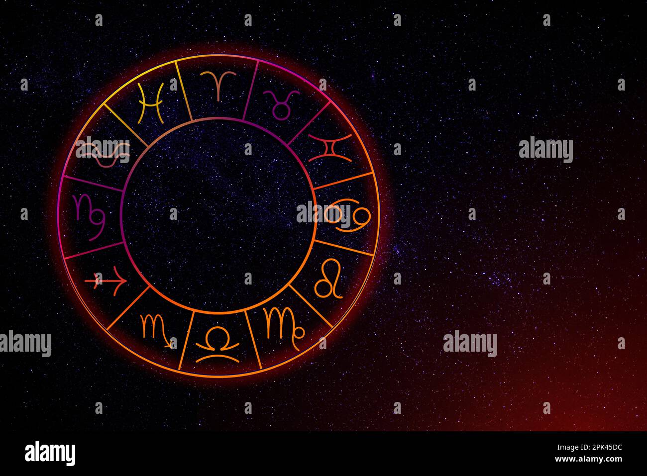 Illustration of zodiac wheel with astrological signs against starry sky ...