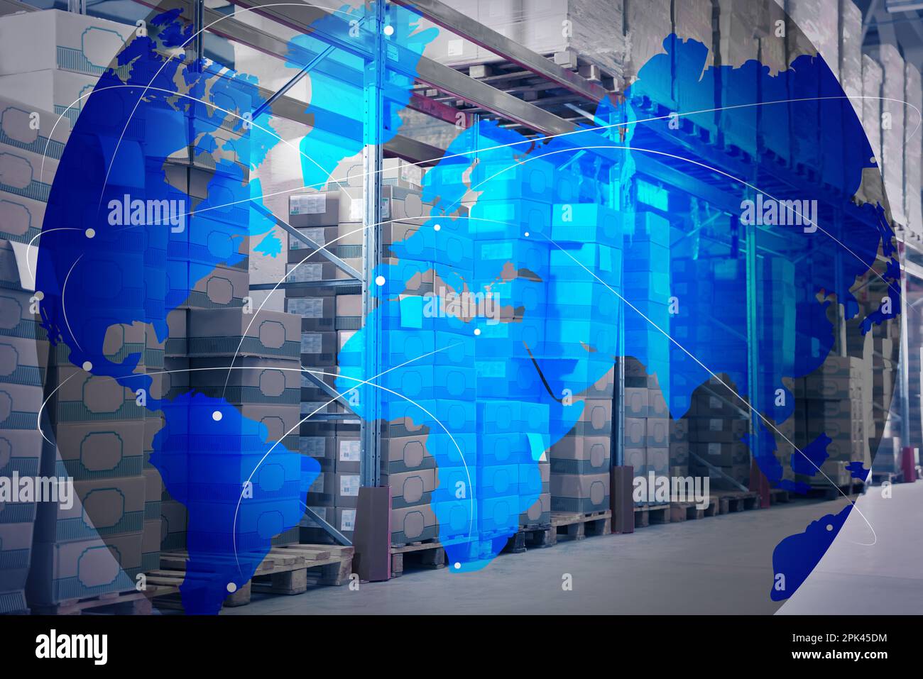 Worldwide logistics. Storage racks with different boxes in warehouse ...