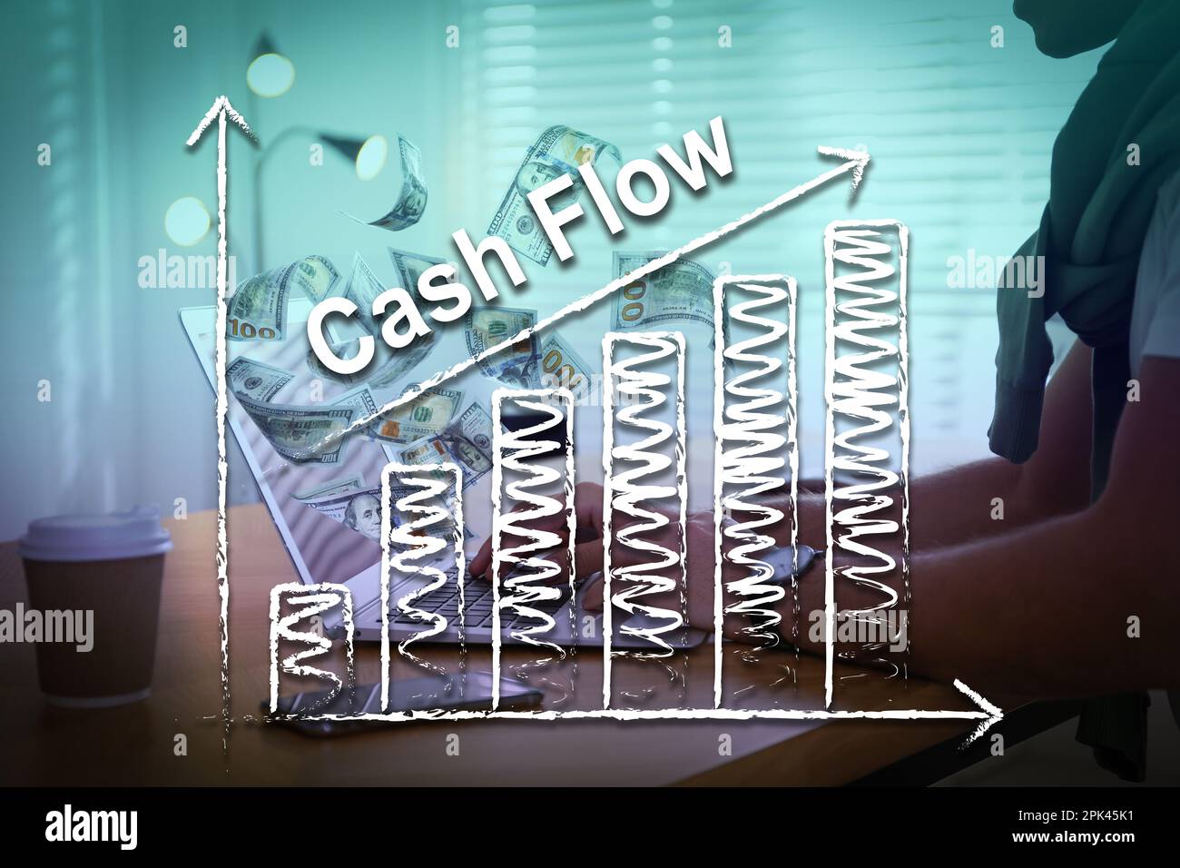 Cash Flow concept. Illustration of graph and man using laptop at table ...
