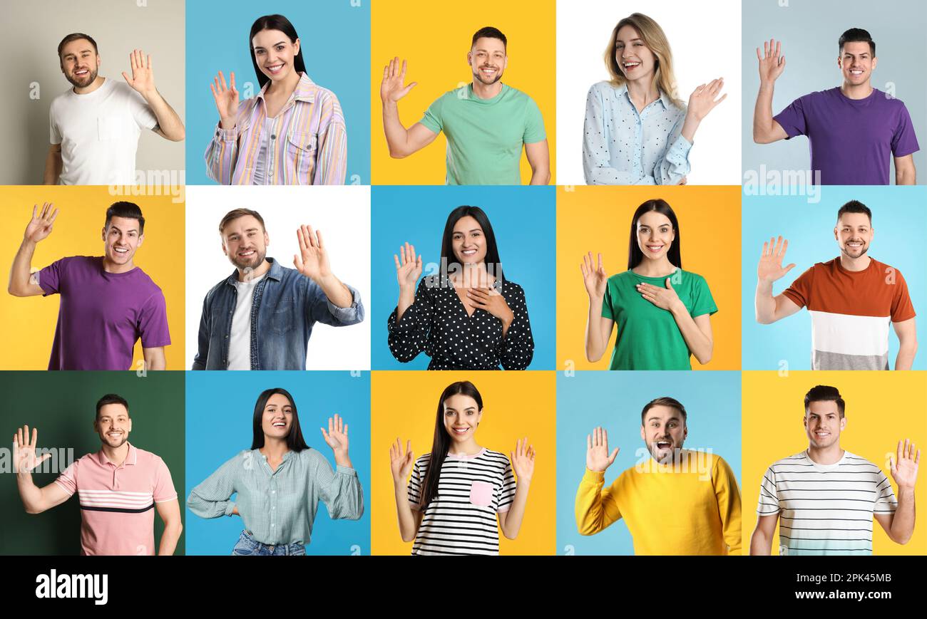 Collage with photos of cheerful people showing hello gesture on ...