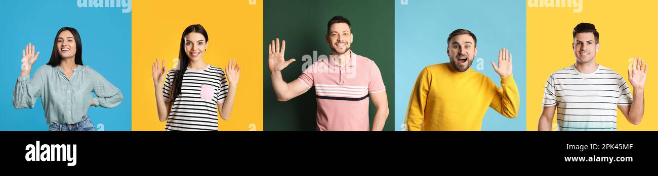 Collage with photos of cheerful people showing hello gesture on ...