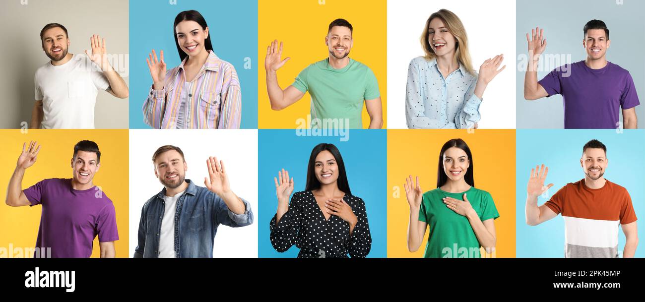 Collage with photos of cheerful people showing hello gesture on ...