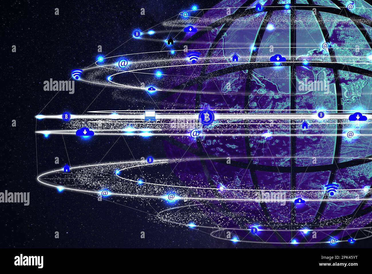 Global network. Earth and internet connection lines in starry sky Stock ...
