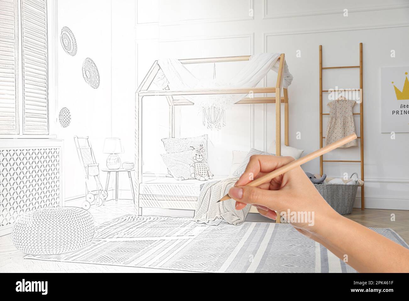 Woman drawing child's room interior design, closeup. Combination of ...