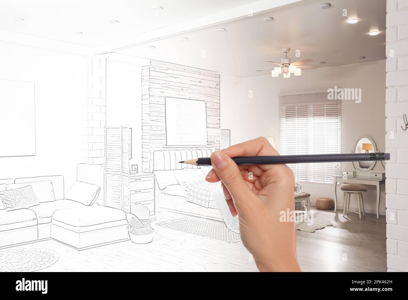 Woman drawing living room interior design, closeup. Combination of ...