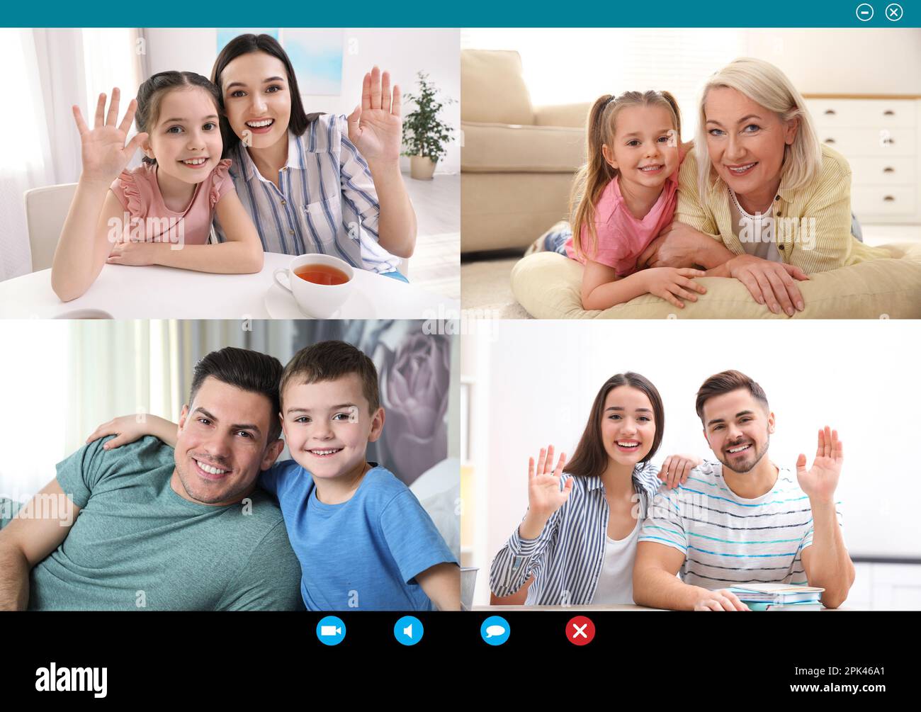 Happy family members having online meeting via videocall application ...