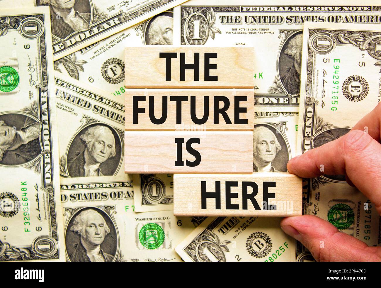 The future is here symbol. Concept words The future is here on wooden ...