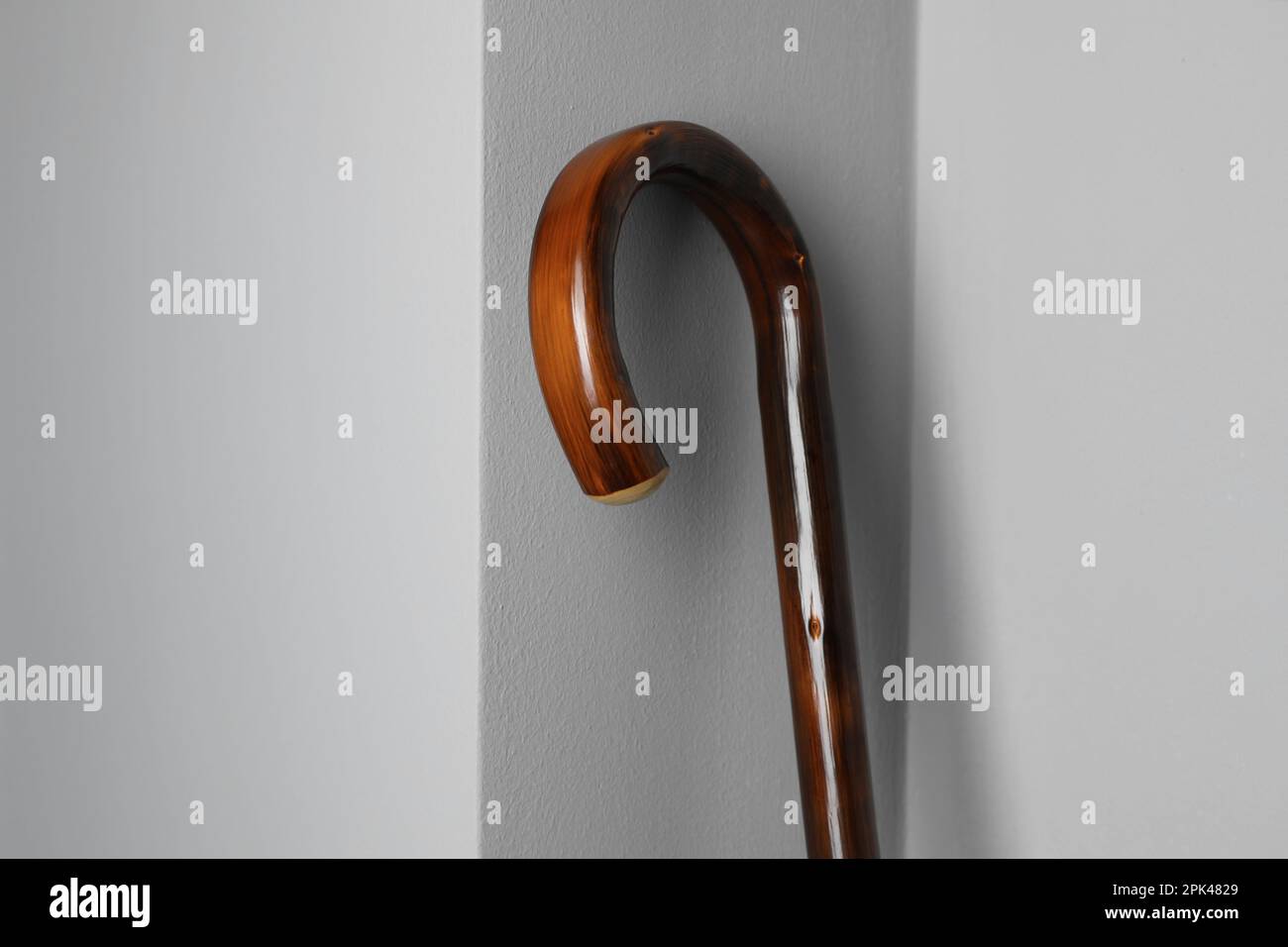 Elegant wooden walking cane near light grey wall, closeup. Space for ...