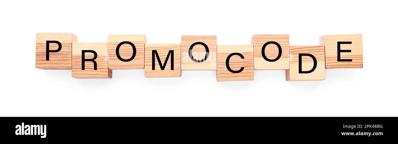 Wooden cubes with words Promo Code on white background, top view Stock ...