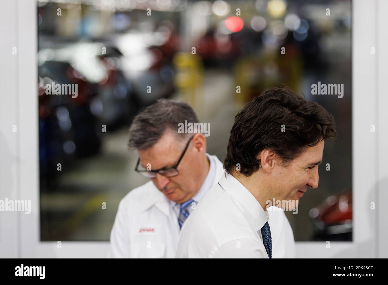 Alliston, Canada. 05th Apr, 2023. Prime Minister Justin Trudeau walks ...