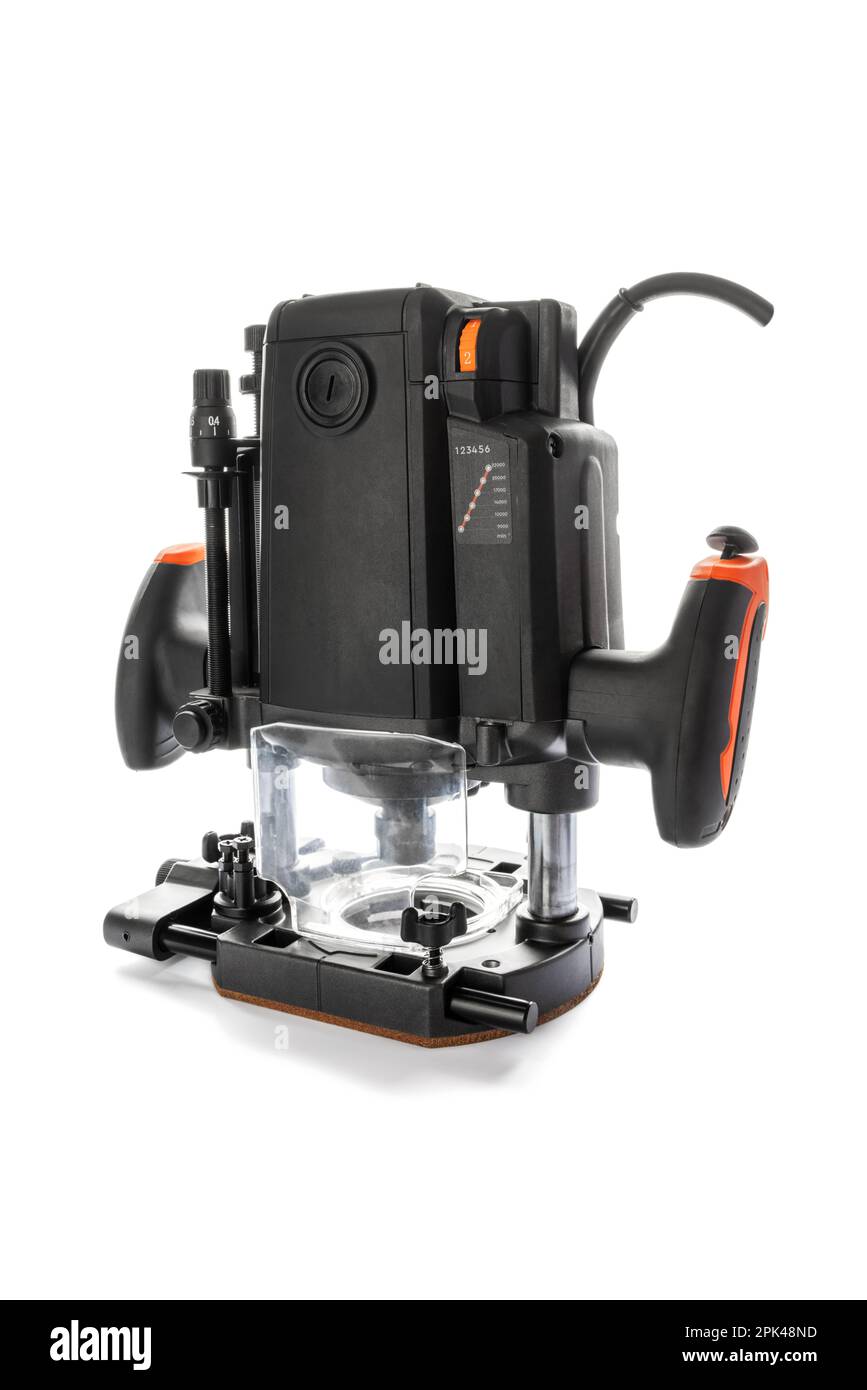 Portable black electric wood router machine isolated on white ...