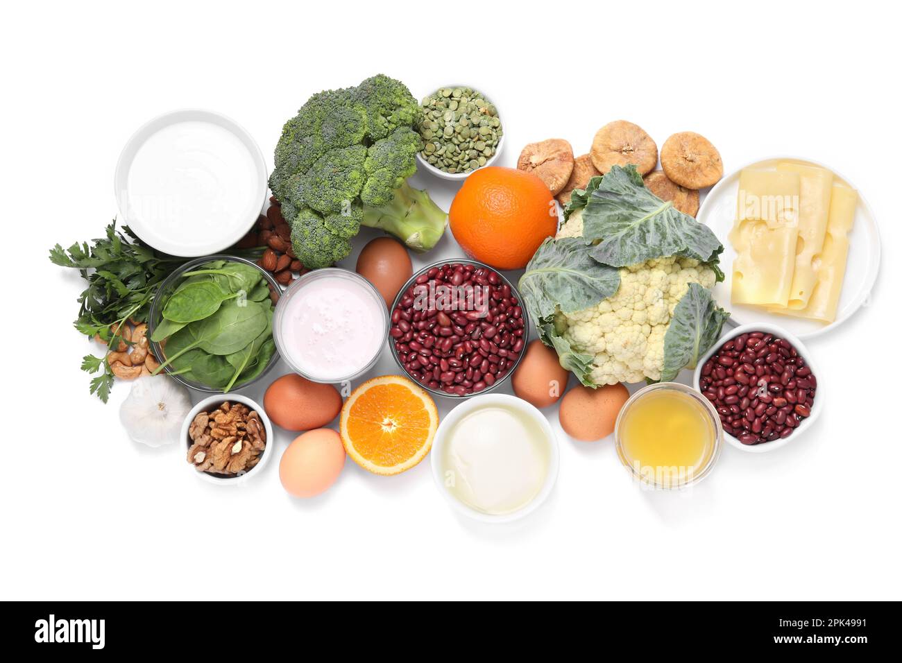 Set of natural food high in calcium on white background, top view Stock ...