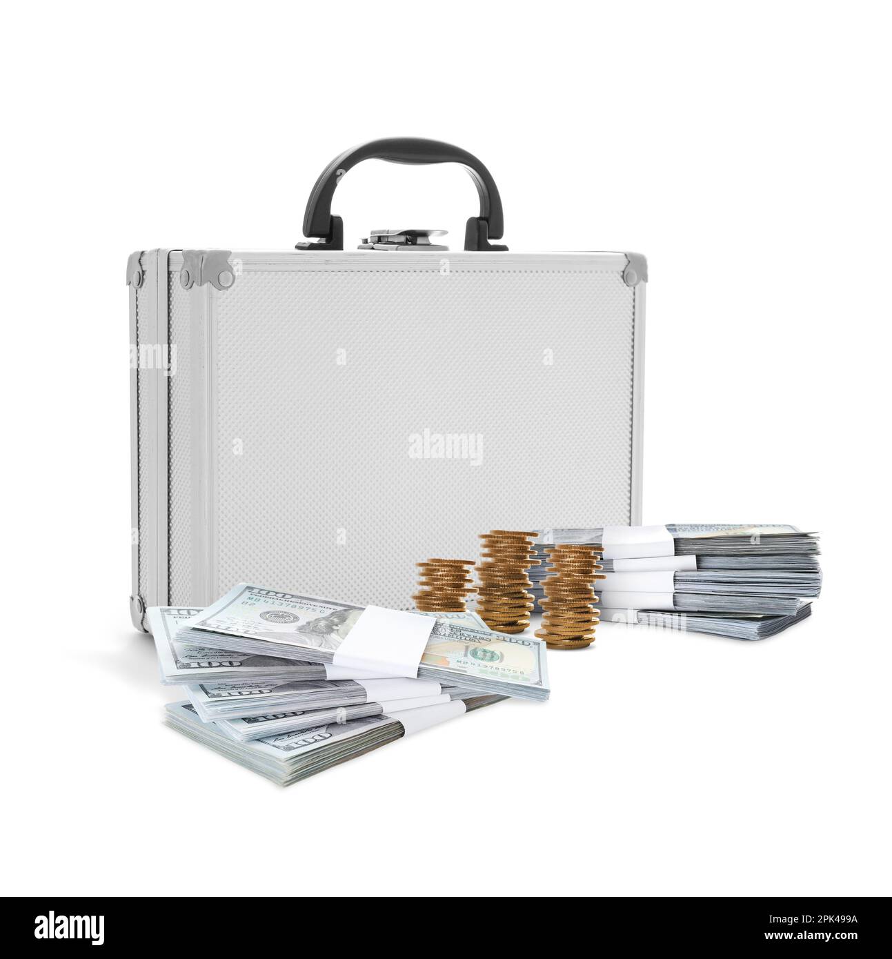 Aluminum hard case, coins and bundles of dollar banknotes on white ...