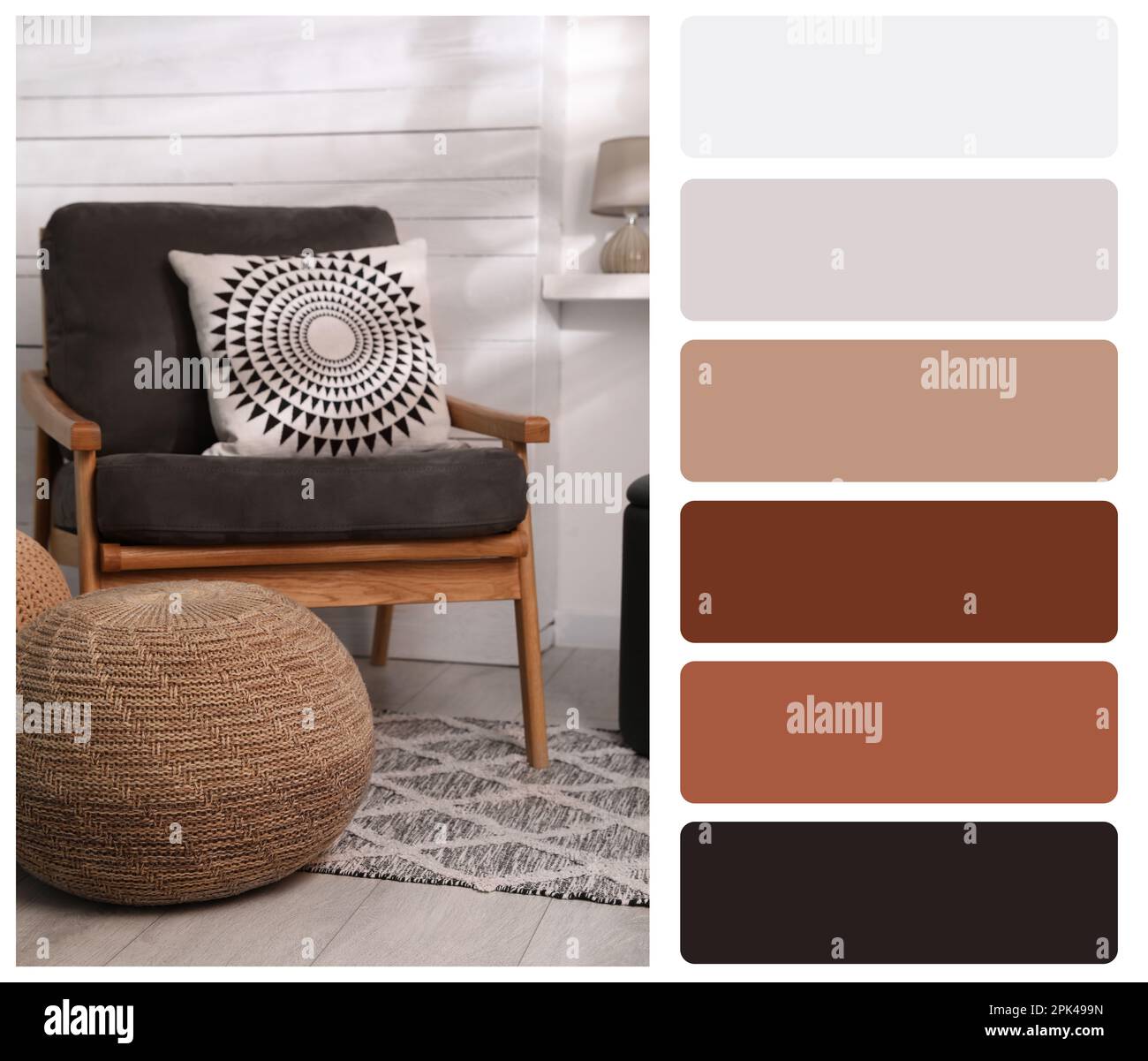 Color palette and photo of stylish comfortable pouf near armchair in ...