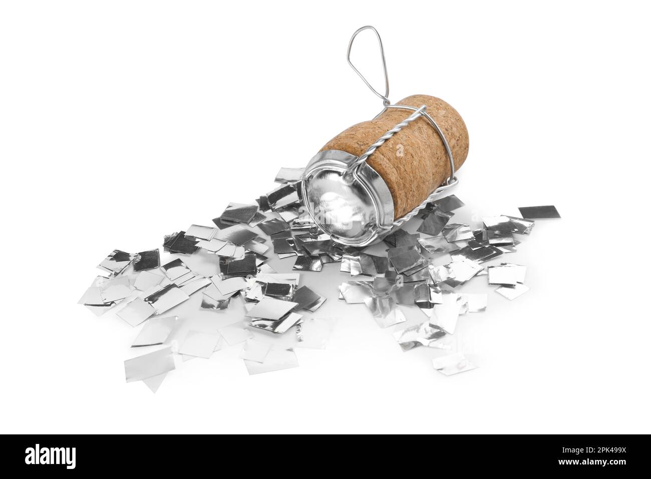 Cork of sparkling wine with muselet cap and shiny silver confetti on ...