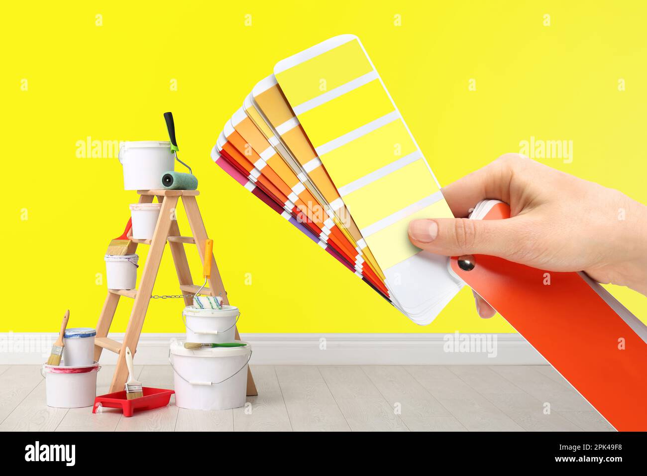 Decorator holding color palette samples in room with painted wall ...