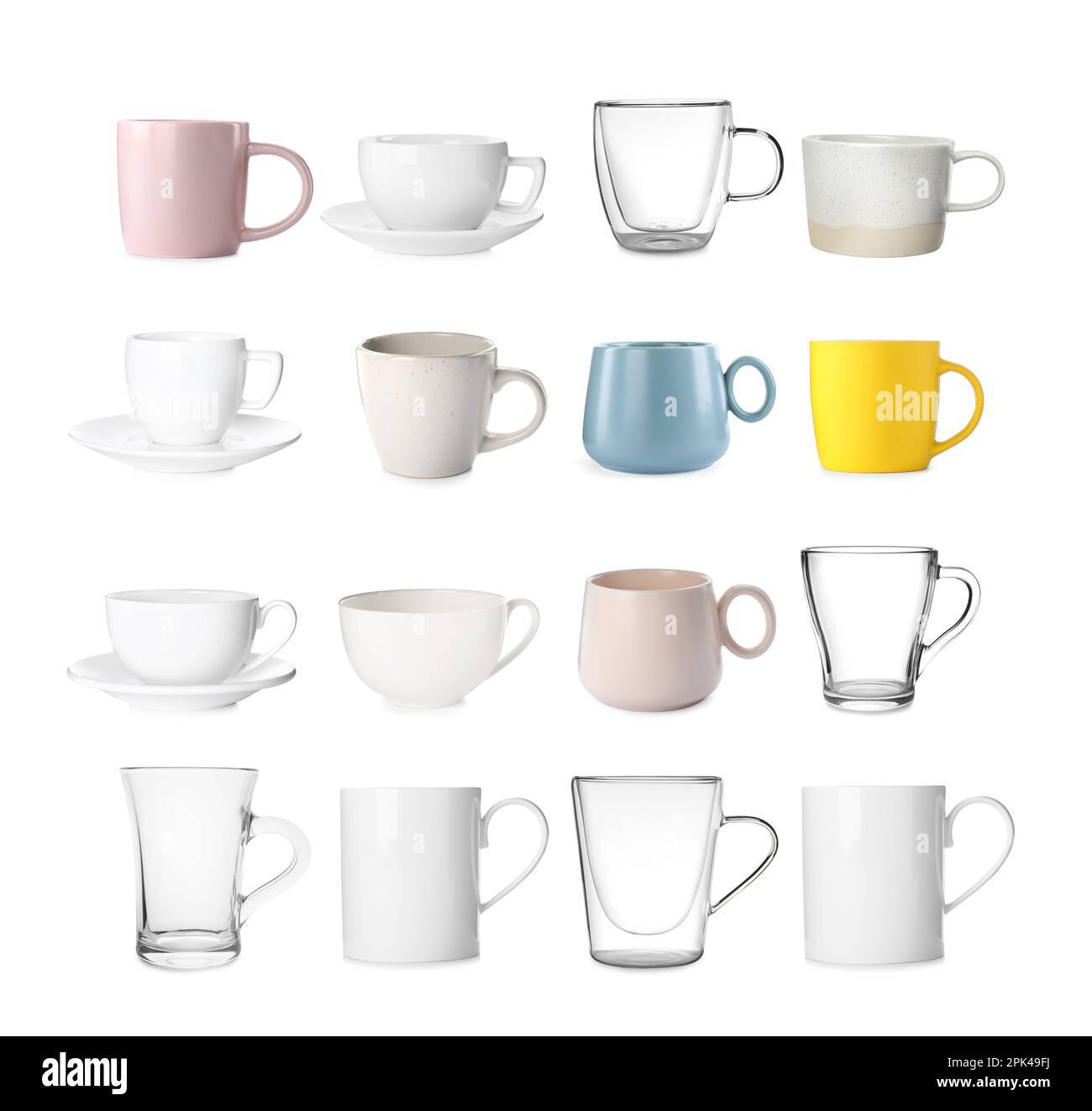 Set with different beautiful cups on white background Stock Photo - Alamy