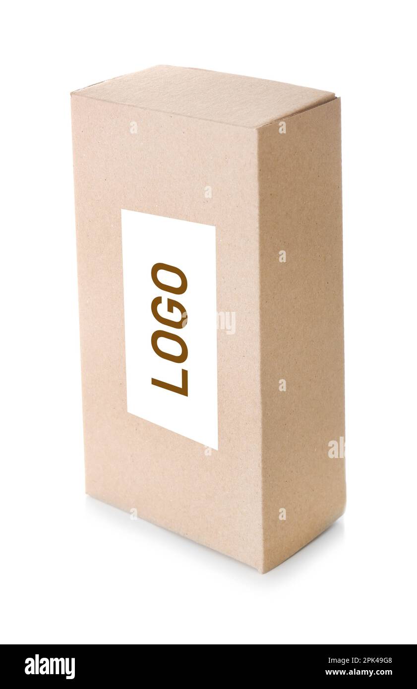 Cardboard box with logo on white background Stock Photo - Alamy