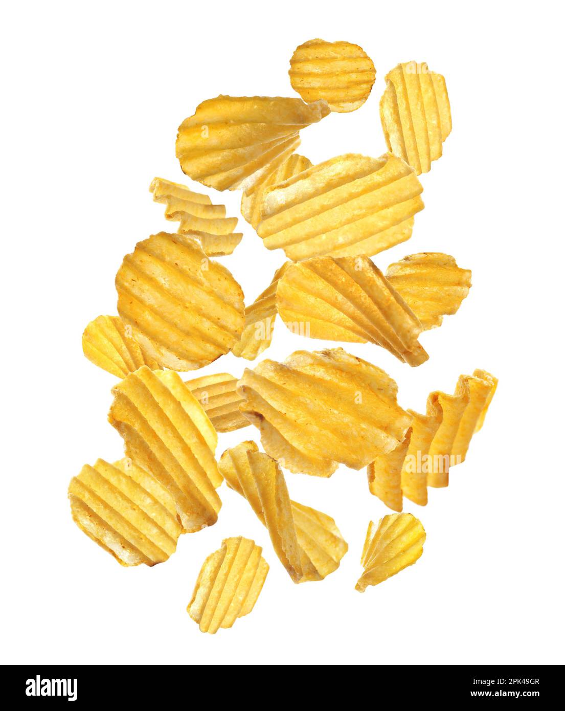 Ridged crispy potato chips flying on white background Stock Photo - Alamy
