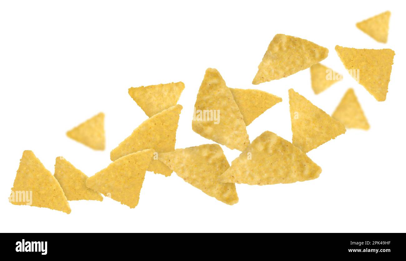 Tasty tortilla chips (nachos) falling on white background. Banner ...
