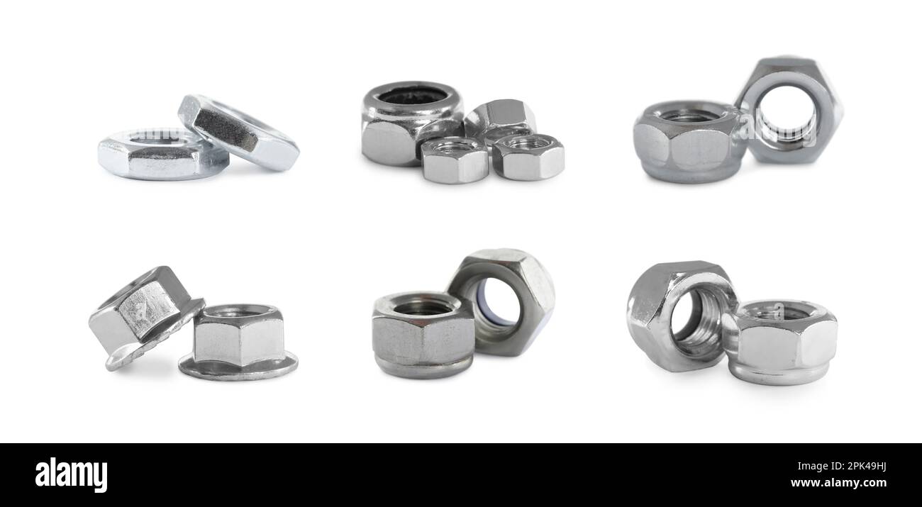 Set with different metal nuts on white background. Banner design Stock ...