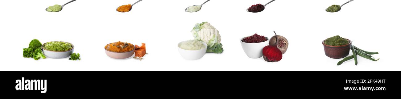 Set with different tasty vegetable puree on white background. Banner ...