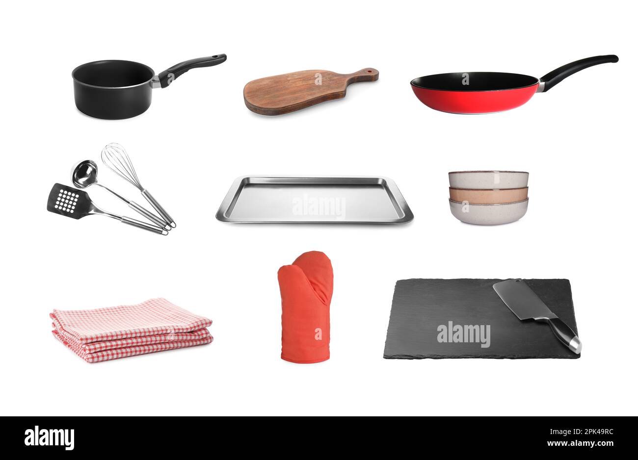 Set with pans, cookware and kitchen utensils on white background Stock ...