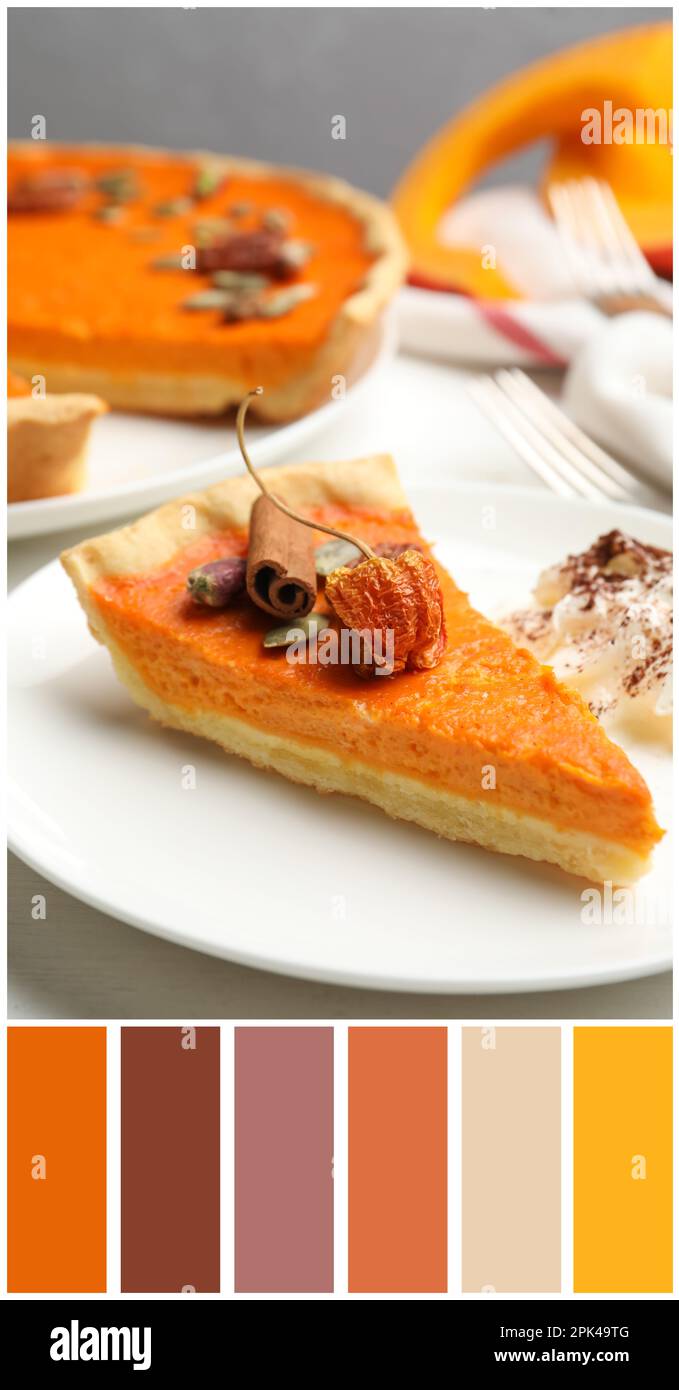 Palette of autumn colors and delicious homemade pumpkin pie on plate ...