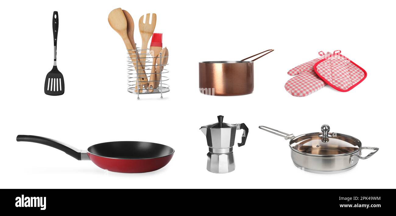 Set with pans, cookware and kitchen utensils on white background Stock ...
