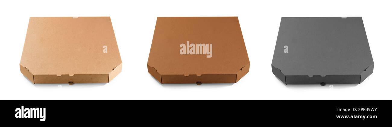 Set of cardboard pizza boxes on white background. Banner design Stock ...