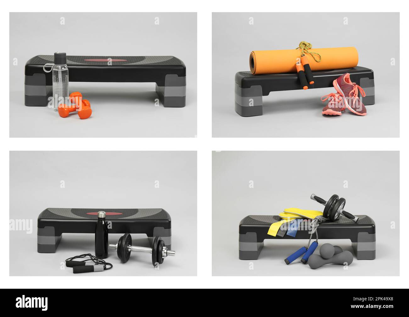 Collage with photos of step platforms and sports equipment on light ...