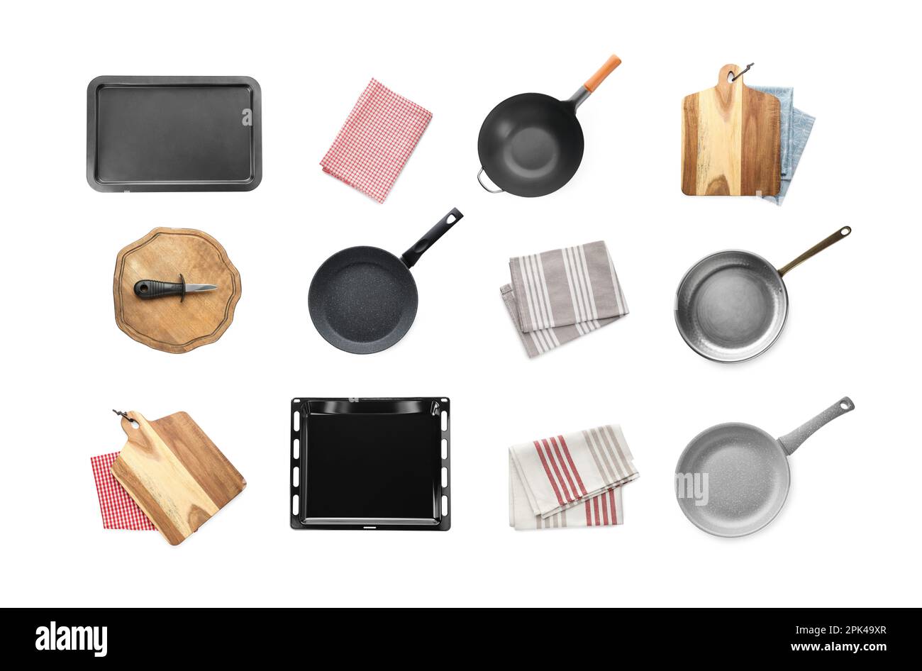 Set with pans, cookware and kitchen utensils on white background, top ...