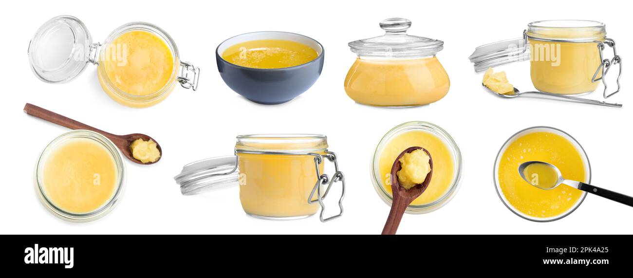 Set with tasty ghee butter on white background. Banner design Stock ...