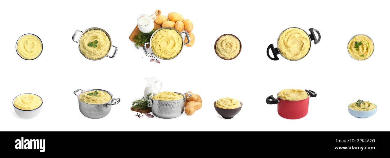 Set with tasty mashed potatoes on white background. Banner design Stock ...