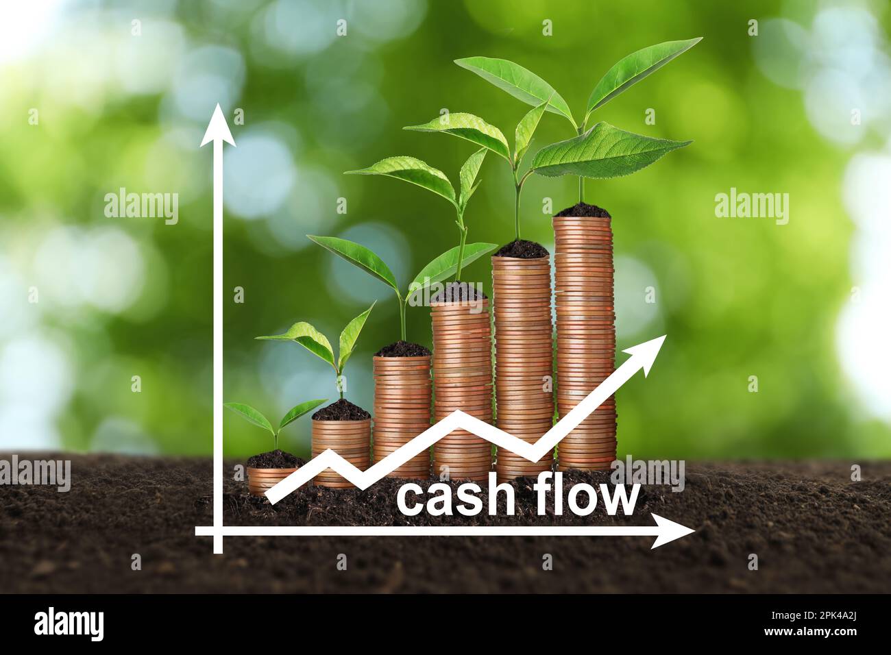 Cash Flow concept. Illustration of increase graph and stacked coins ...
