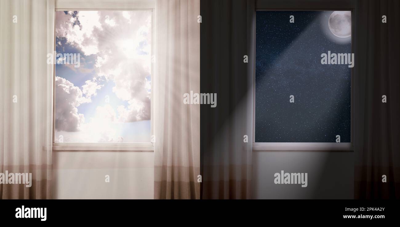 Beautiful view of sky through windows in day and night, collage Stock ...