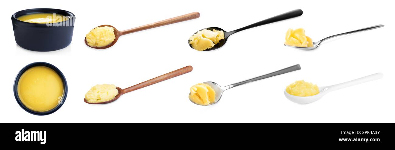 Set with tasty ghee butter on white background. Banner design Stock ...