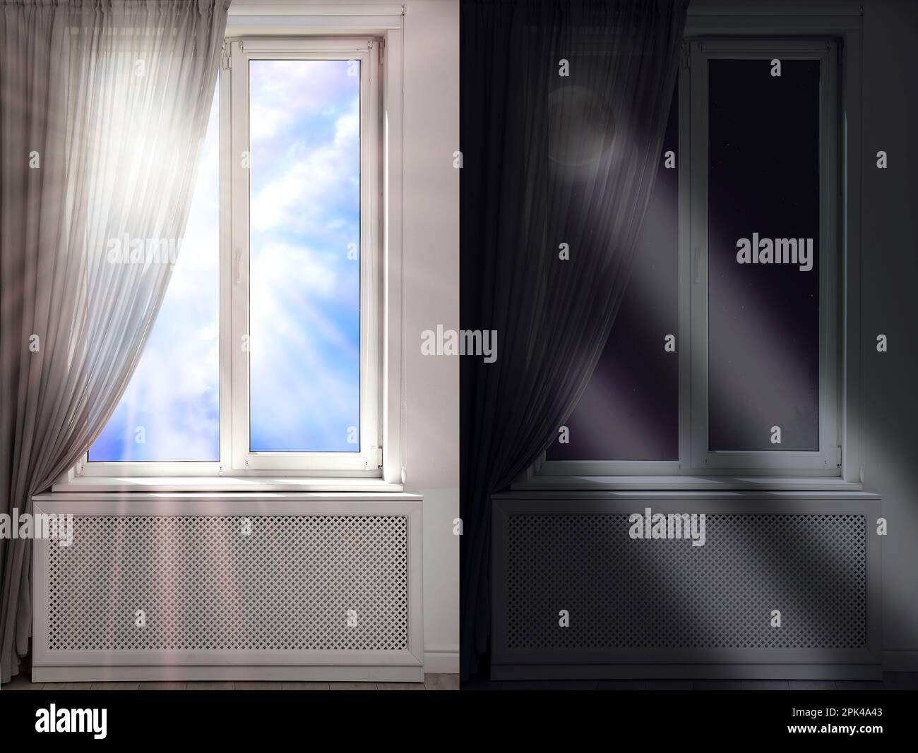 Beautiful view of sky through windows in day and night, collage Stock ...