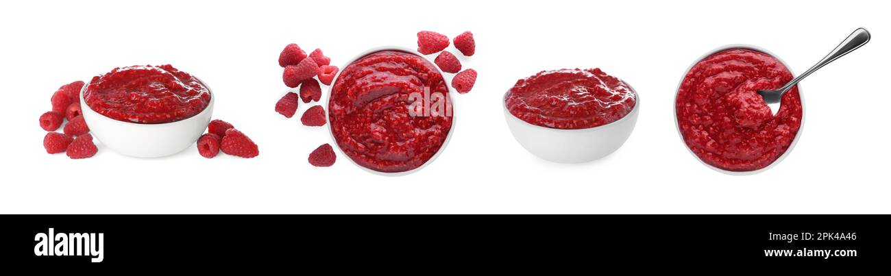 Set with tasty raspberry puree on white background. Banner design Stock ...