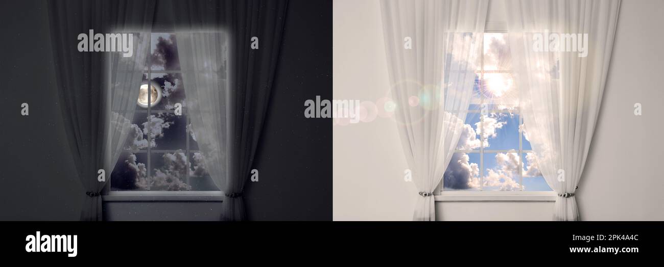 Beautiful view of sky through windows in day and night, collage Stock ...