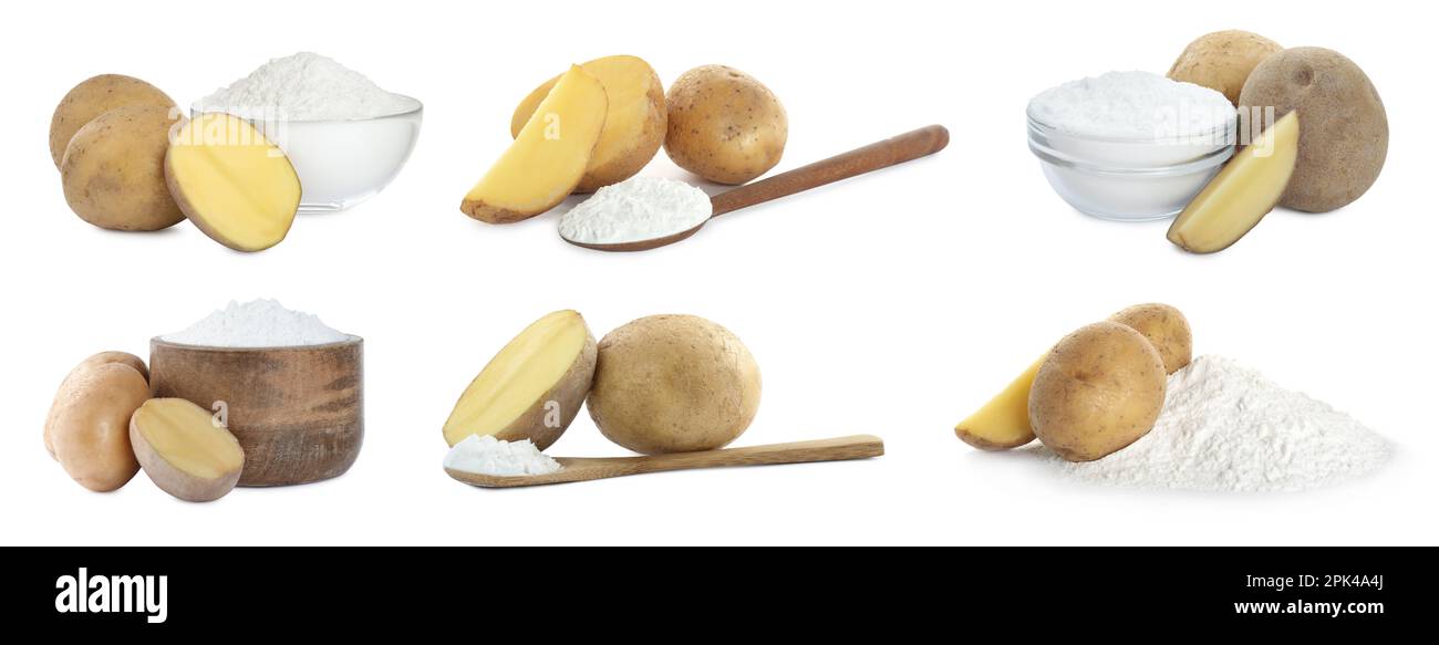 Set with starch and fresh potatoes on white background. Banner design ...