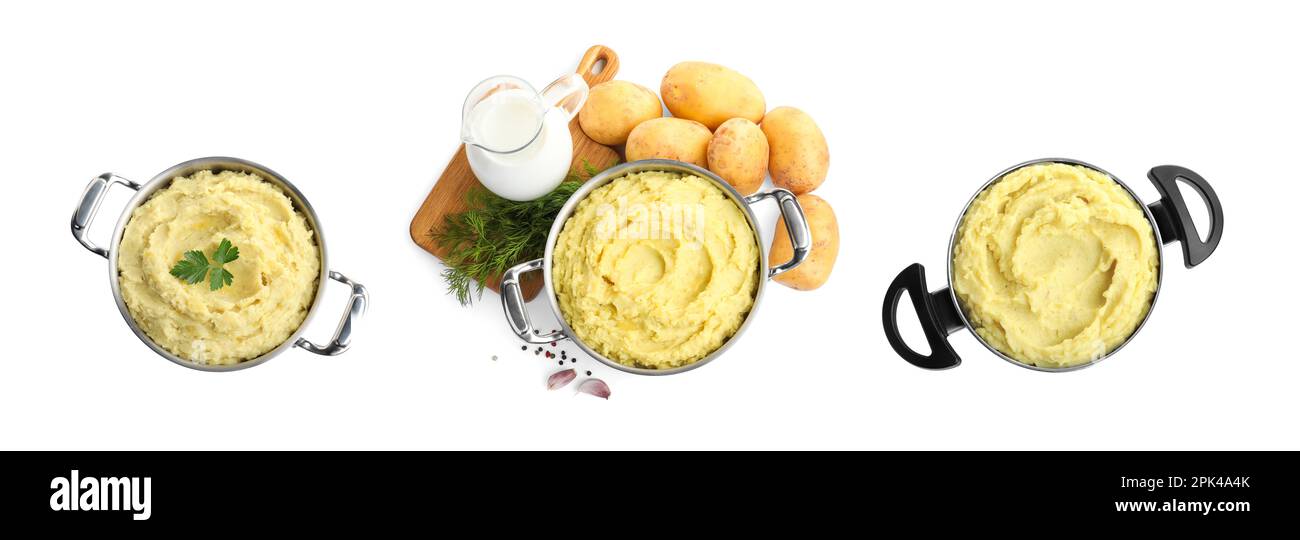 Set with tasty mashed potatoes on white background, top view. Banner ...