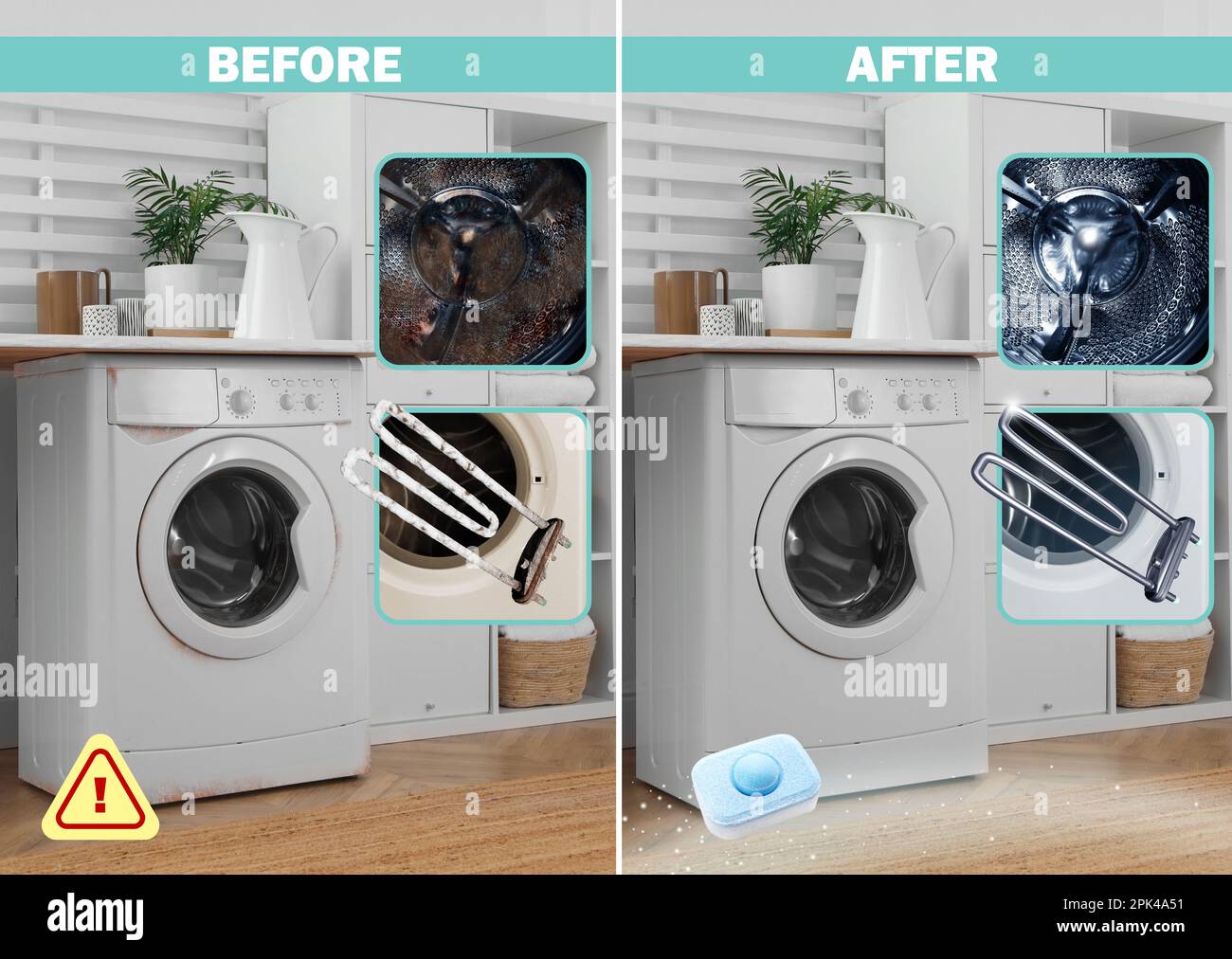 Drum and heating element of washing machine before and after using ...