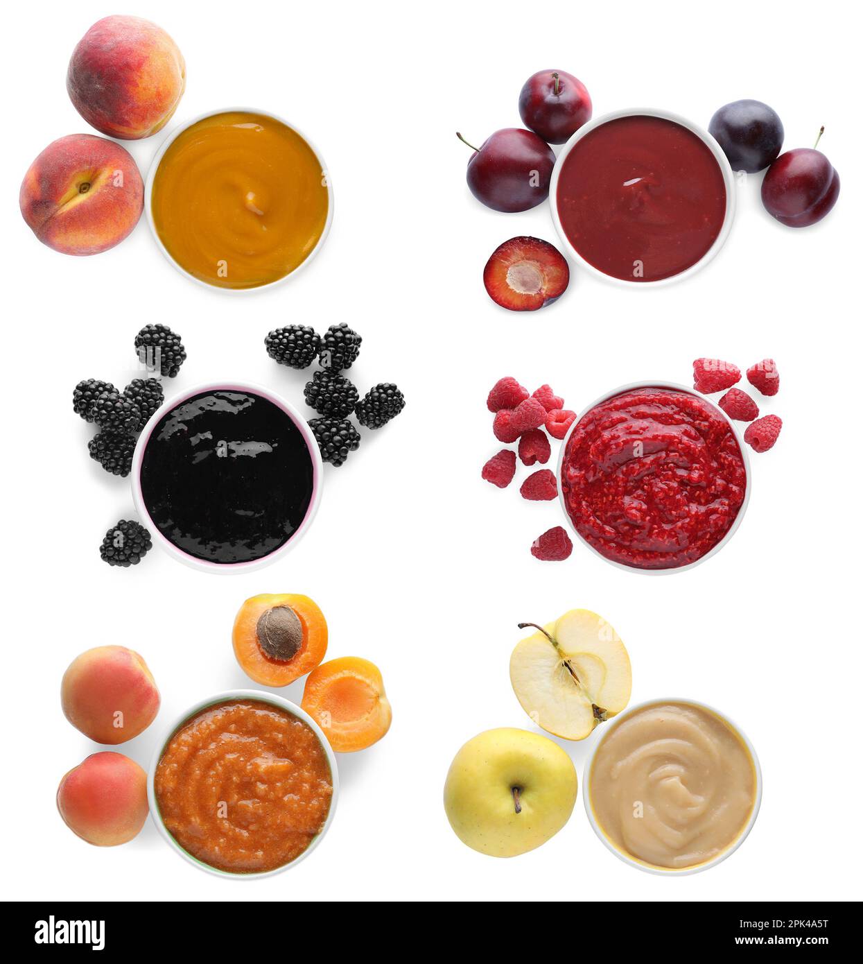 Set with different tasty fruit puree on white background, top view ...
