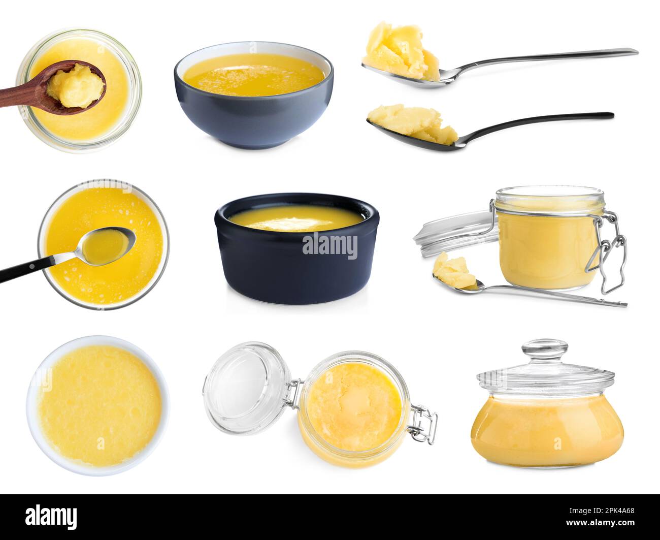 Set with tasty ghee butter on white background Stock Photo - Alamy