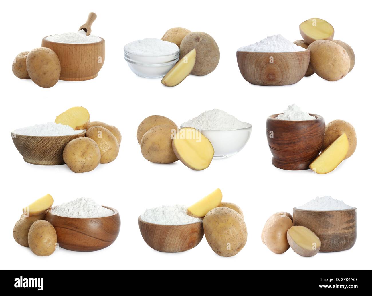 Set with starch and fresh potatoes on white background Stock Photo - Alamy