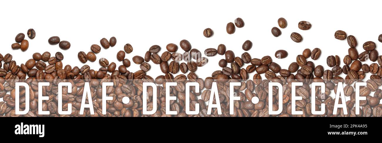 Many decaf coffee beans on white background, top view. Banner design ...