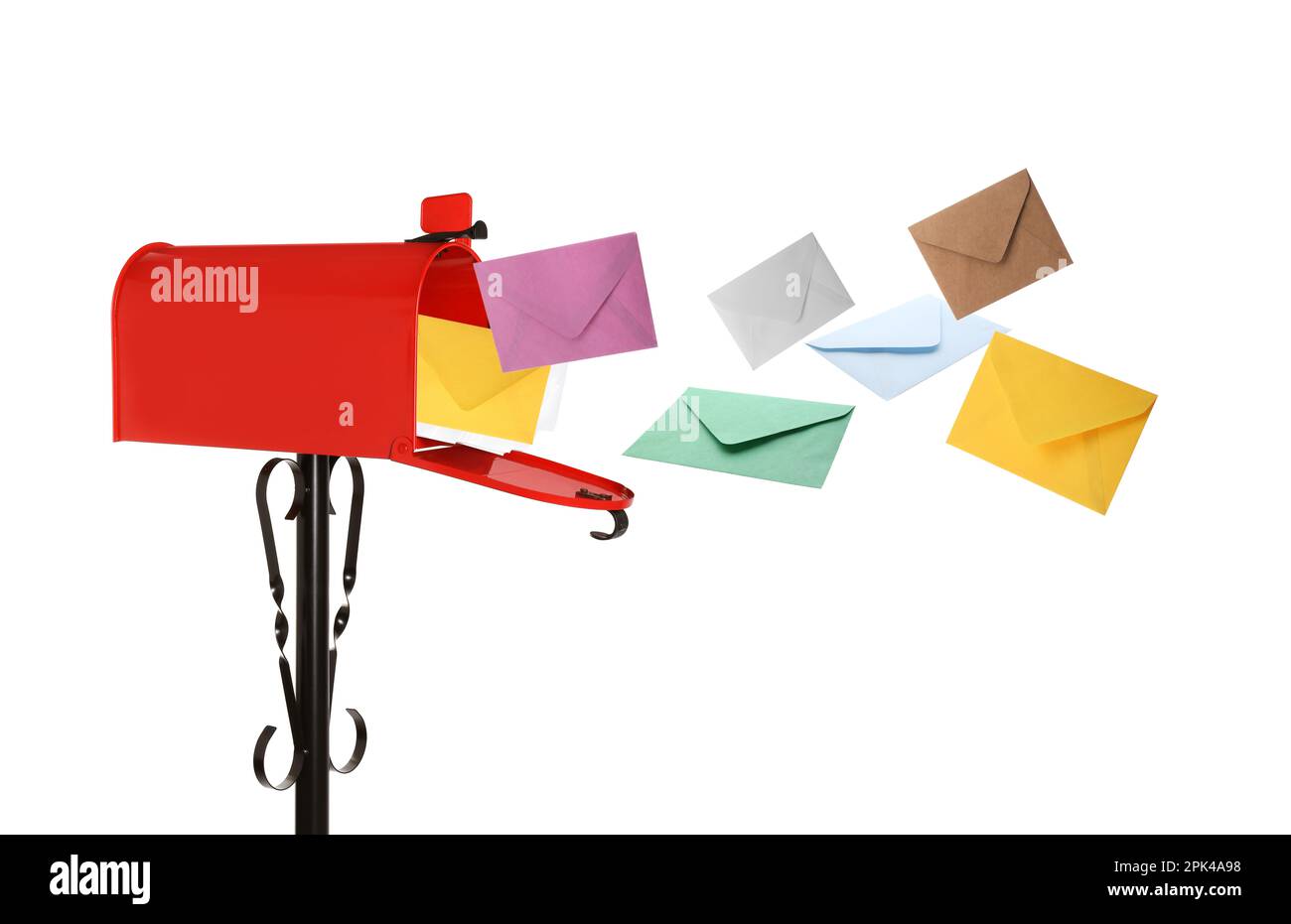 Different color envelopes flying out from red letter box on white ...