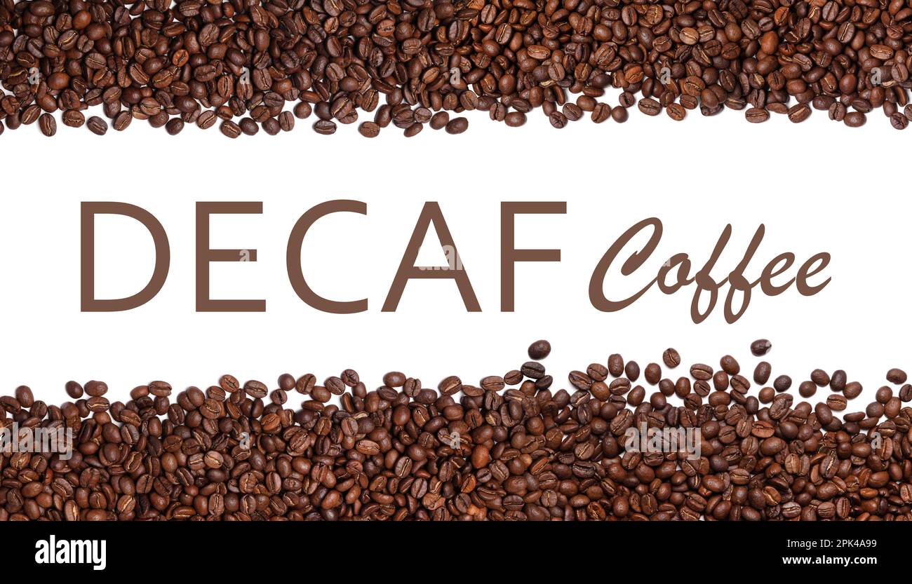 Many decaf coffee beans on white background, top view. Banner design ...